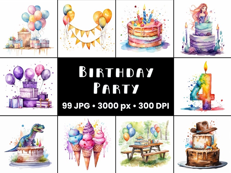 Birthday Party Clipart Megabundle Watercolor Rainbow Animated Birthday ...
