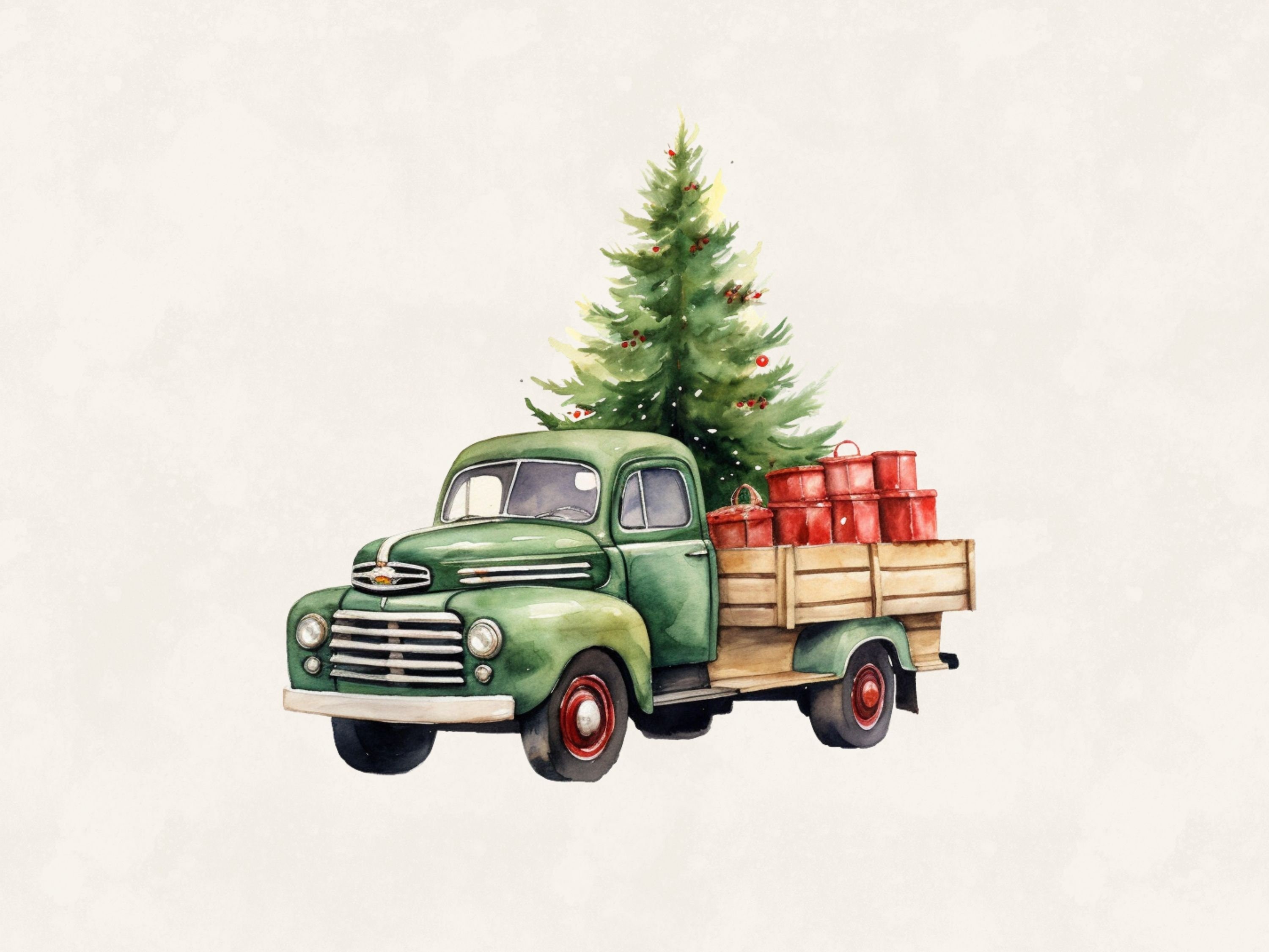 Christmas Tree Truck Clipart Watercolor Winter Illustration - Etsy