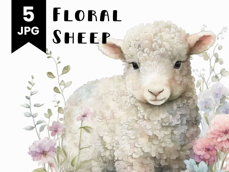 Sheep Watercolor Floral Illustration: Wildflower Invitation (JPG Files ...