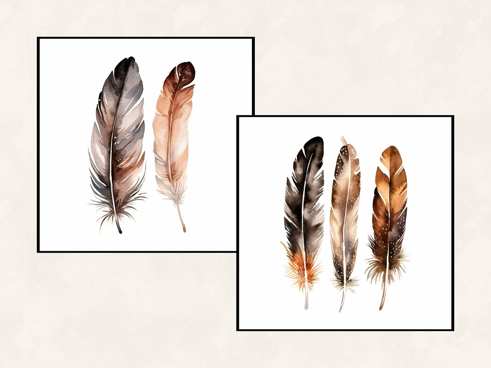 Boho Feathers Watercolor Clipart: Commercial Use Digital Bundle (JPG ...
