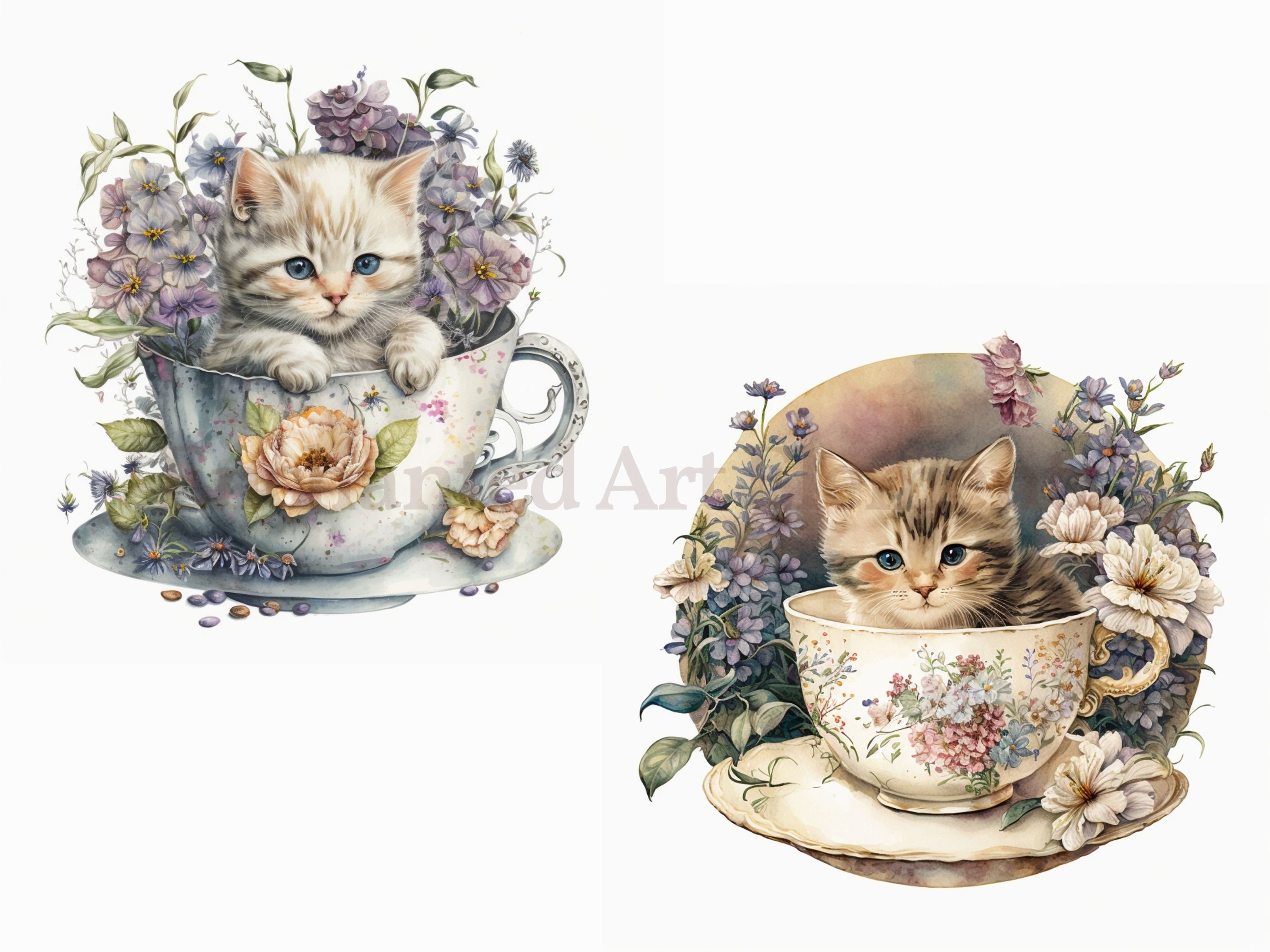 Tea Cup Cat Watercolor Illustration Kitten in Cup Flower - Etsy