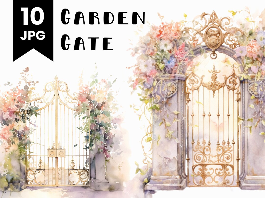 Garden Gate Print Art Romantic Illustration Commercial Use Watercolor ...
