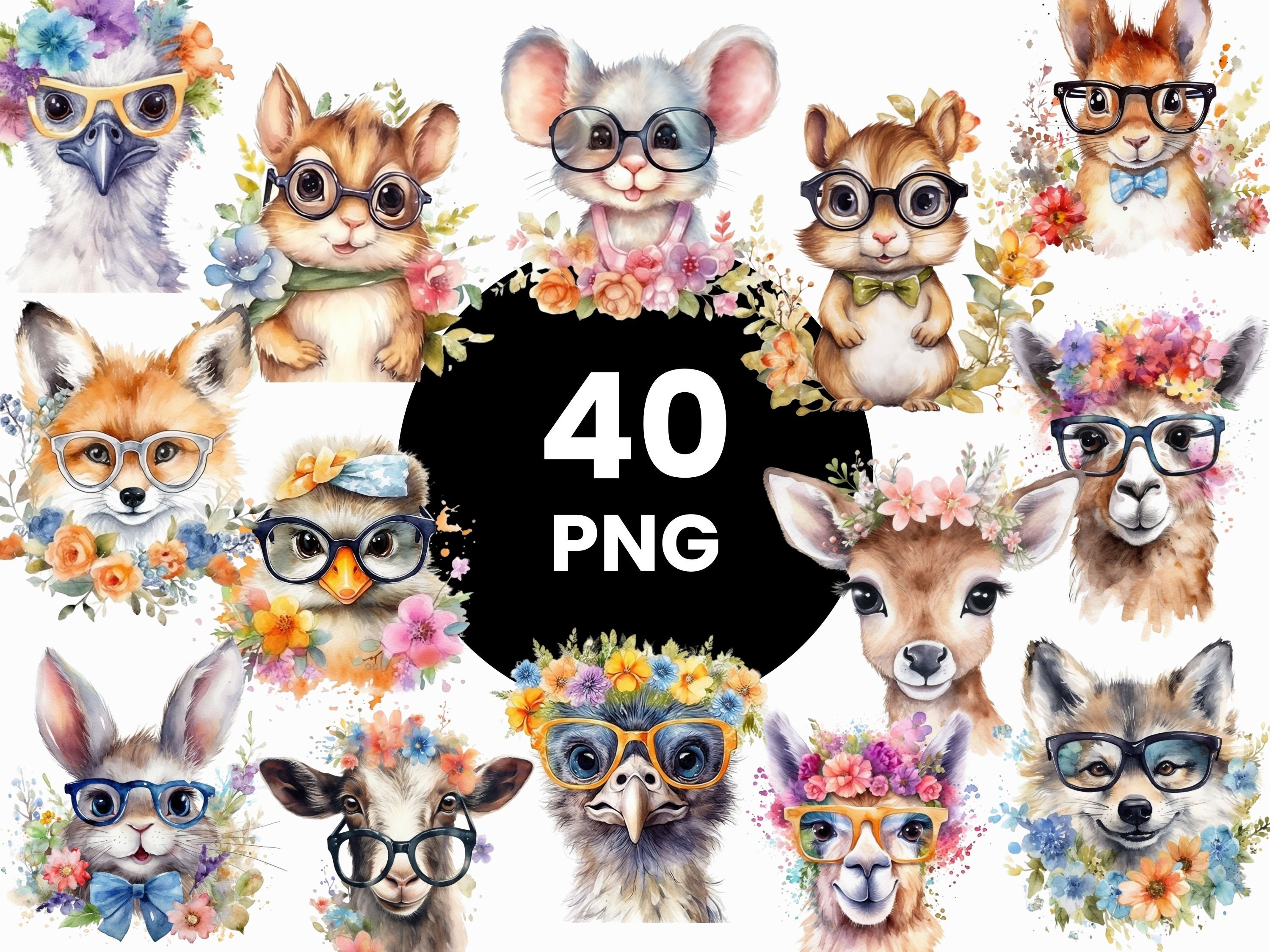 Cute Animals Clipart Bundle Commercial Use Watercolor Floral Animals ...