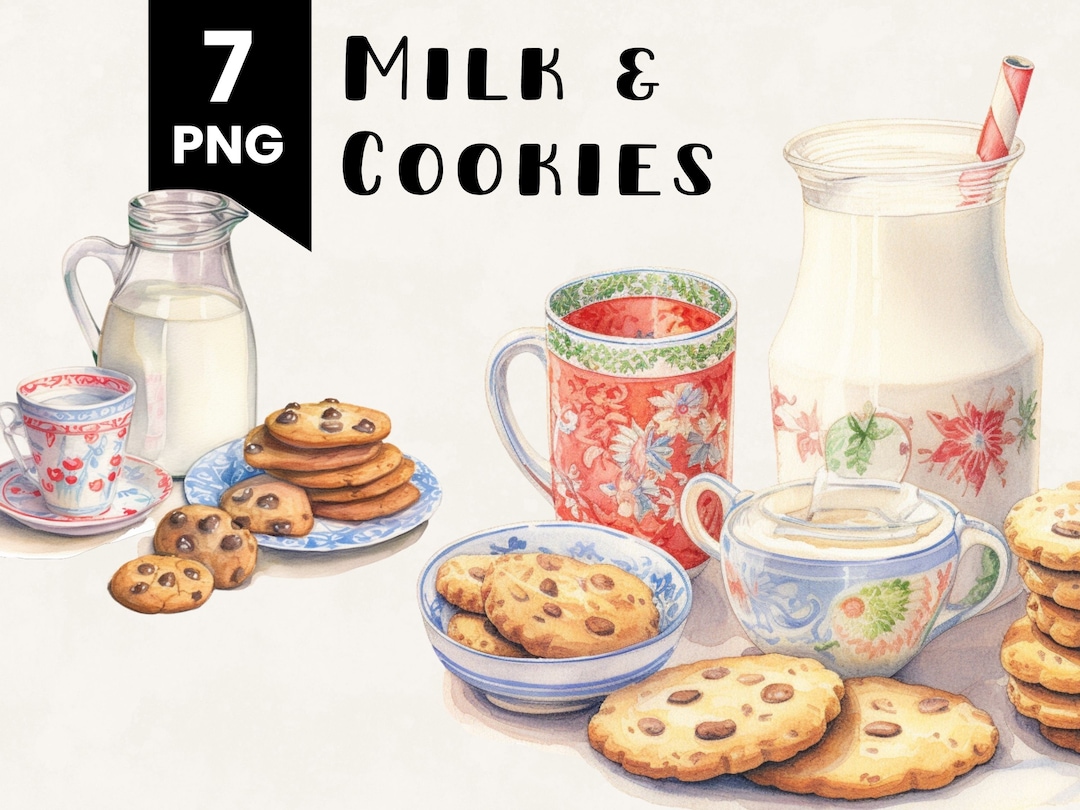 Christmas Milk and Cookies Clipart Watercolor Illustration Commercial ...