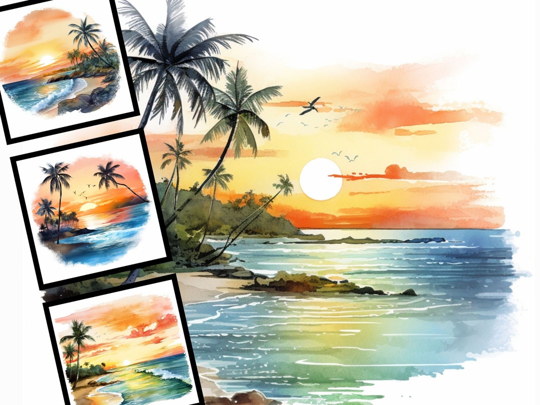 Watercolor Caribbean Sunset Clipart: Tropical Landscape Digital Bundle ...