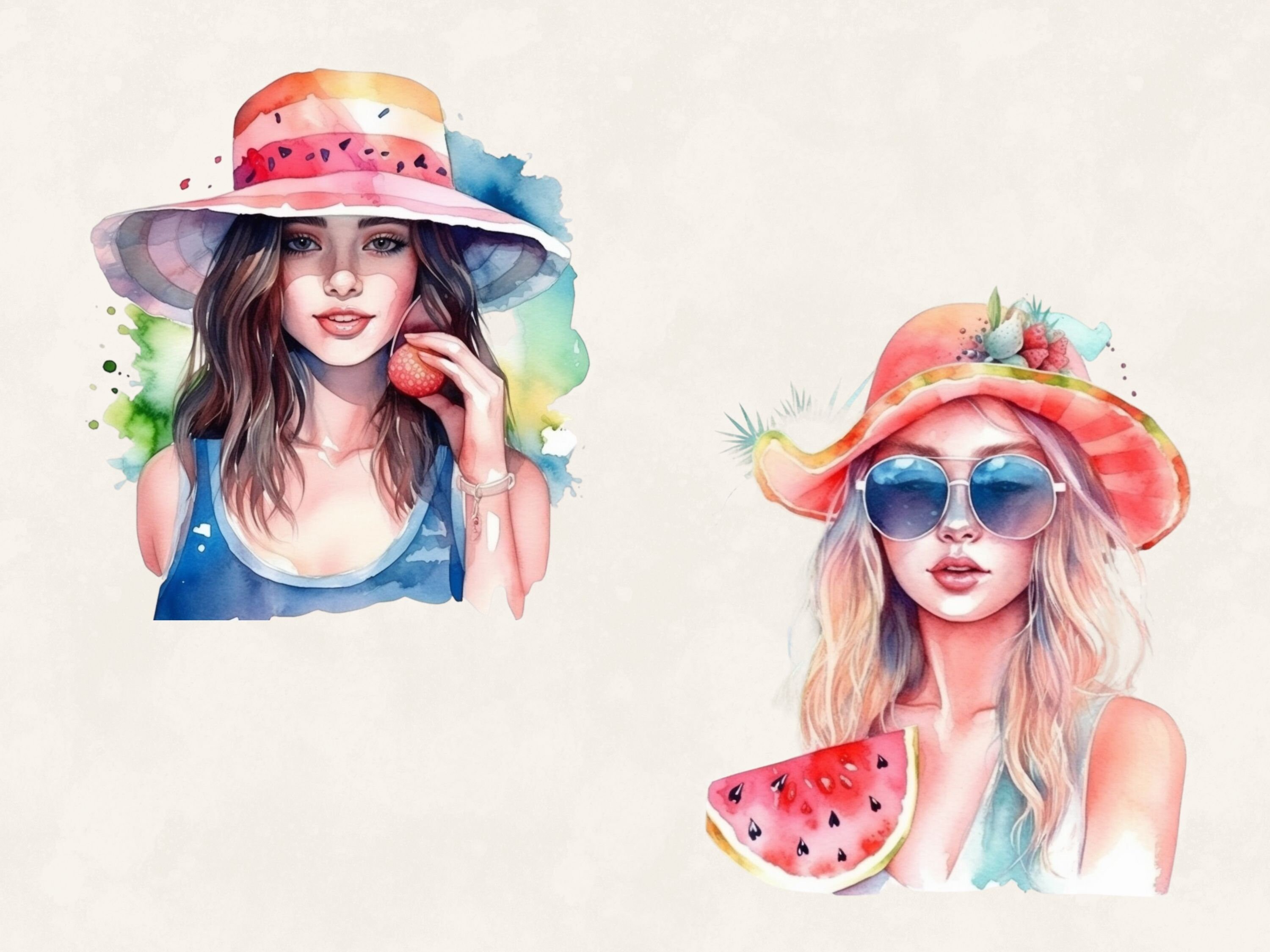 Summer Girls Watercolor Clipart Bundle: Flamingo, Watermelon (PNG Files ...