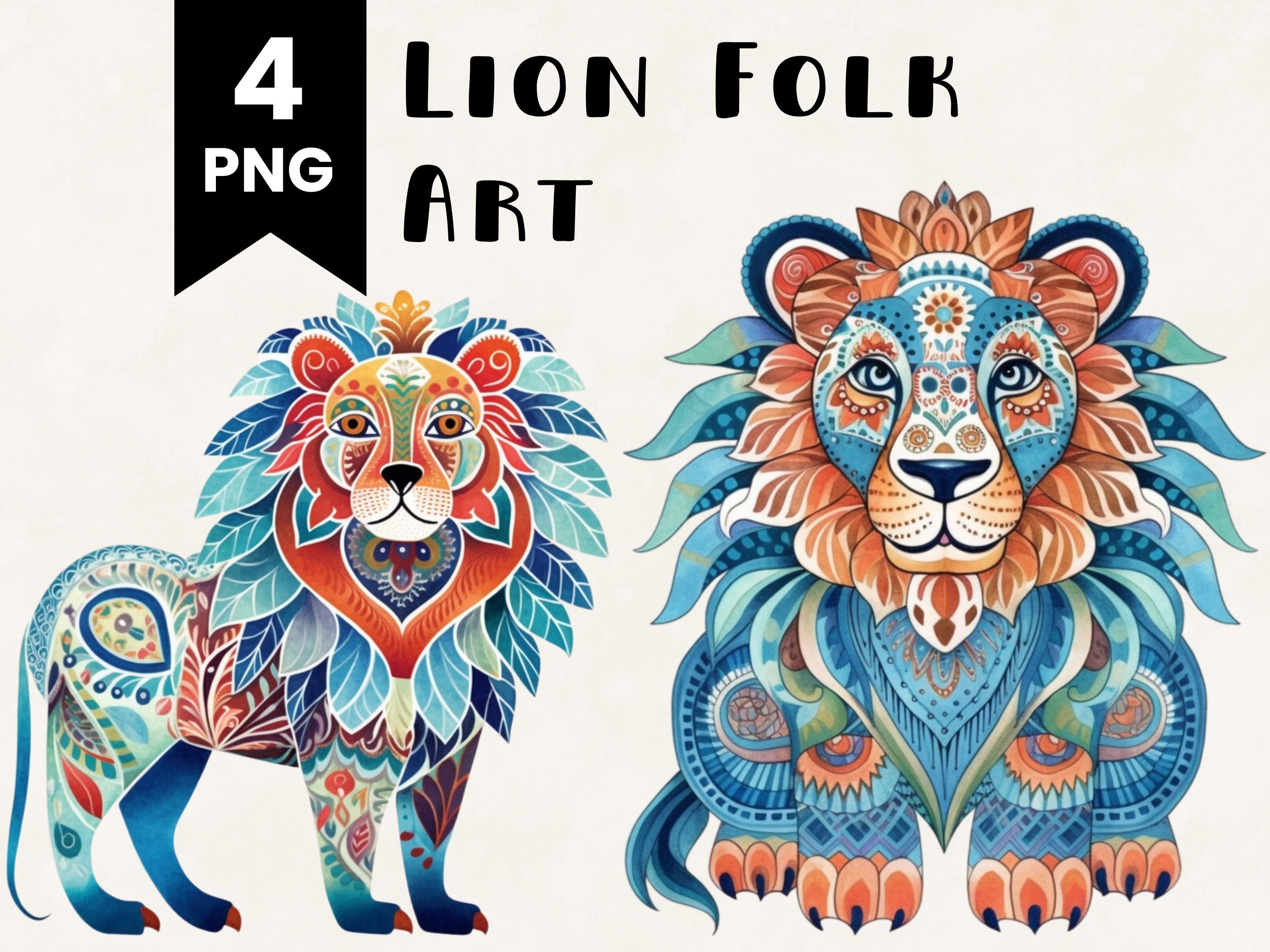Folk Art Lion Clipart Bundle Commercial Use Watercolor Digital - Etsy