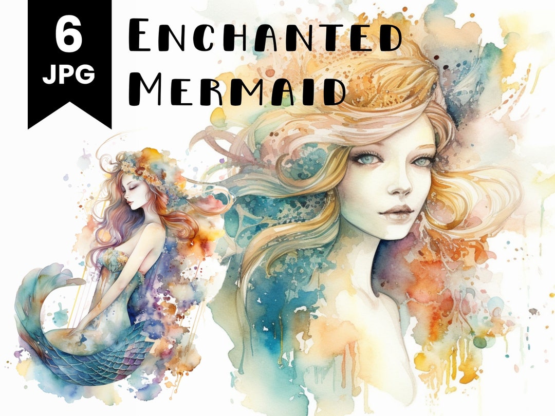 Magic Mermaid Print Art, Commercial Use, Watercolor Enchanted Mermaid ...