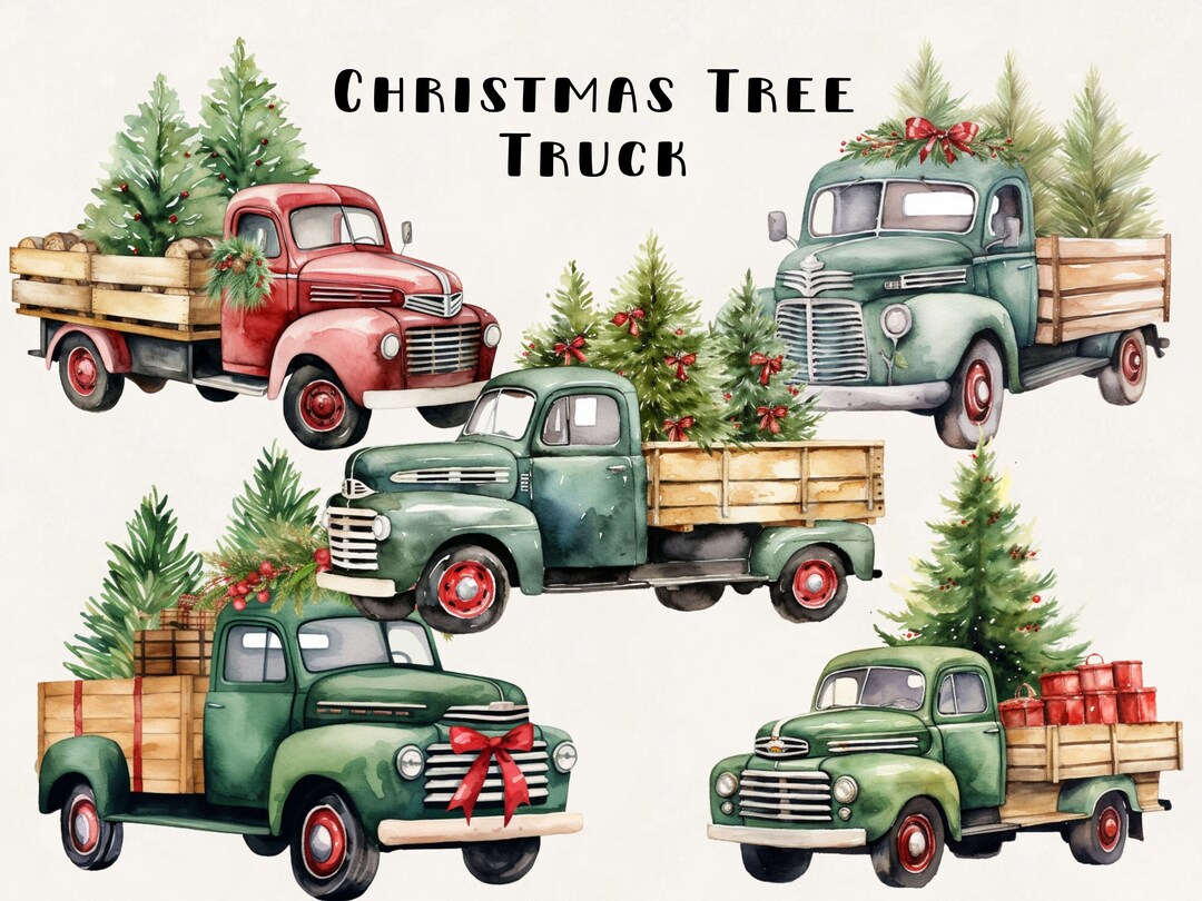 Christmas Tree Truck Clipart Watercolor Winter Illustration Commercial ...