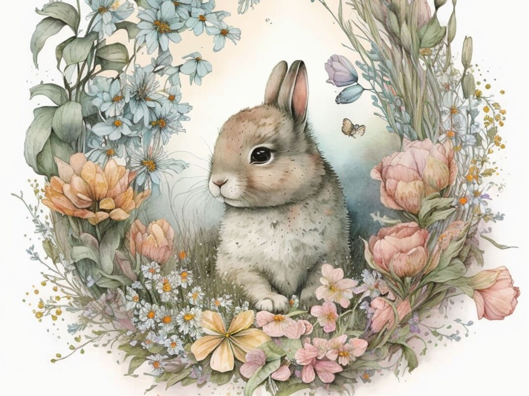 Floral Bunny Watercolor Illustration Field of Wildflowers Commercial ...