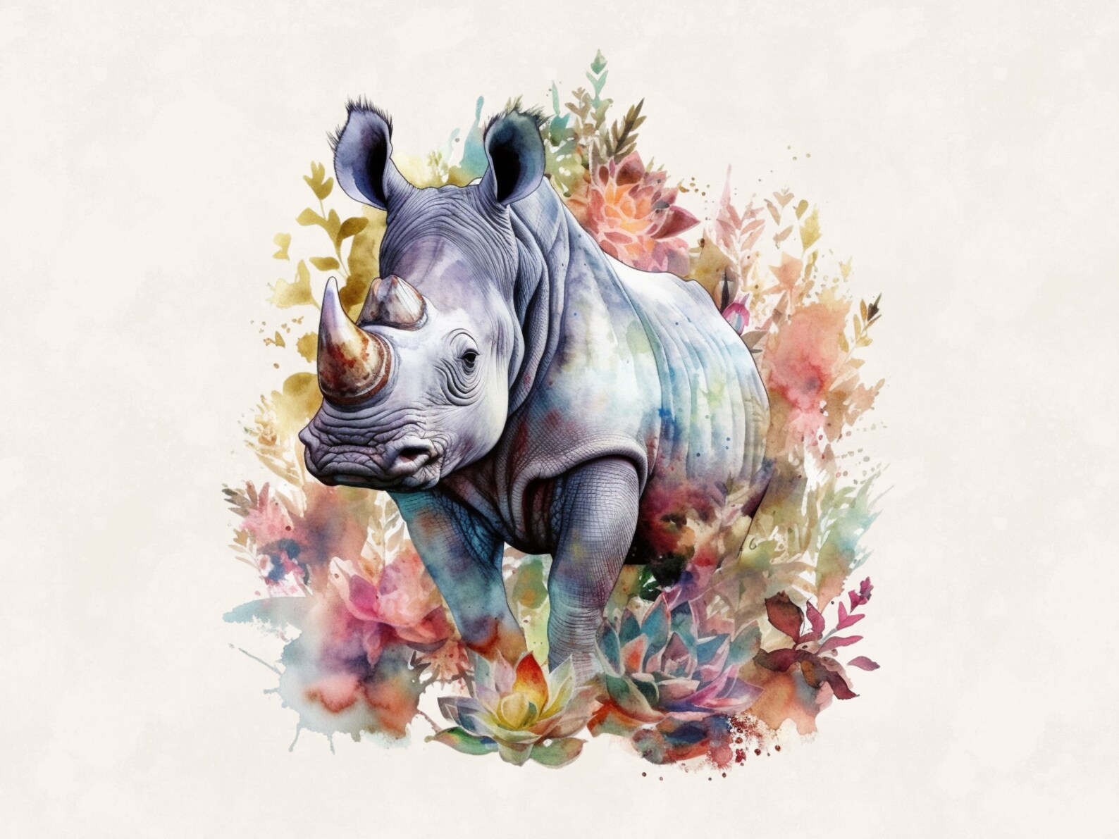 Rhino in Field of Flowers Clipart Watercolor Illustration - Etsy