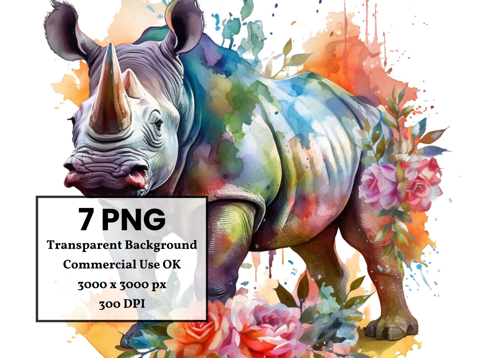 Rhino in Field of Flowers Clipart Watercolor Illustration Commercial ...