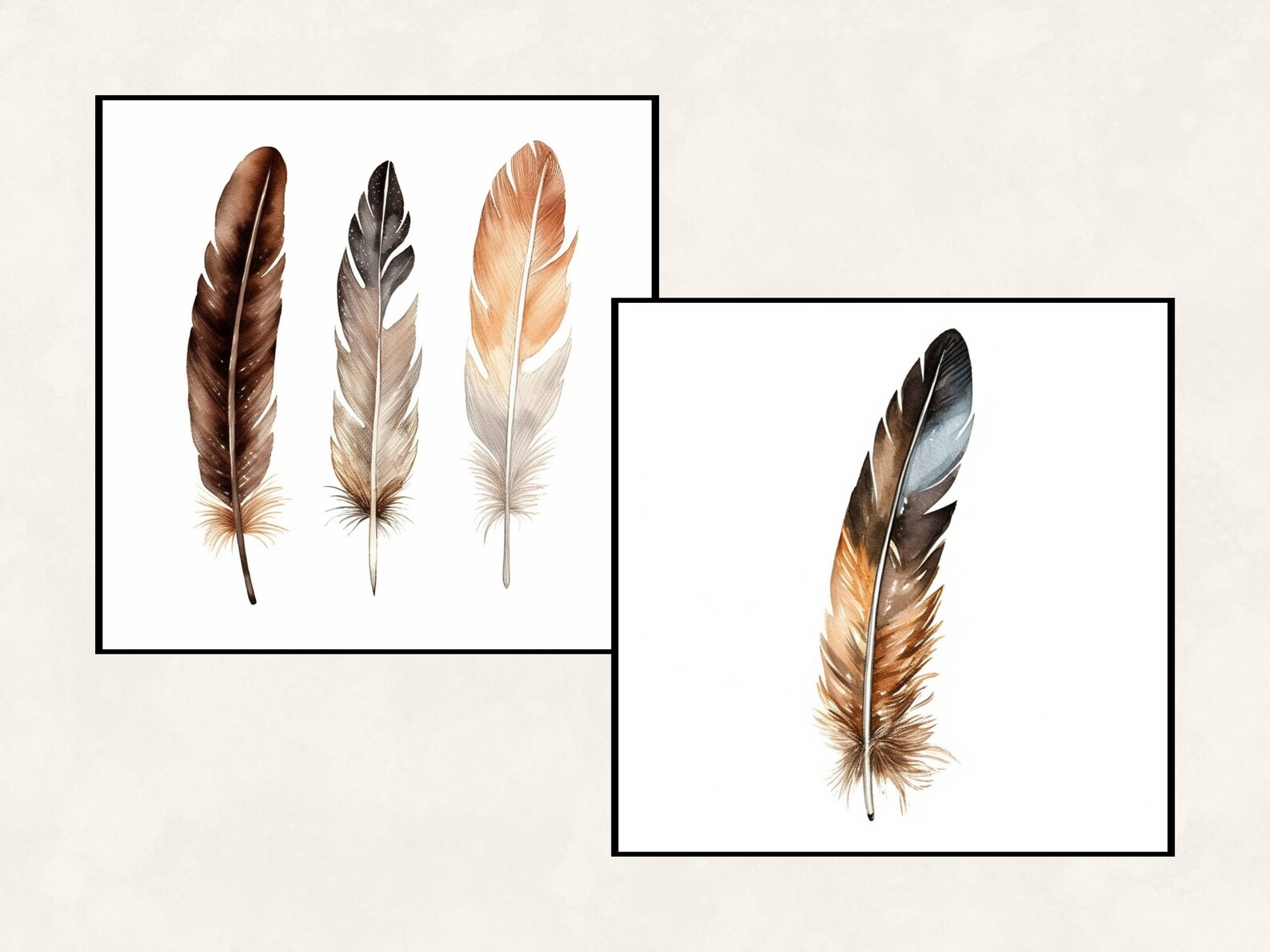 Boho Feathers Watercolor Clipart: Commercial Use Digital Bundle (JPG ...