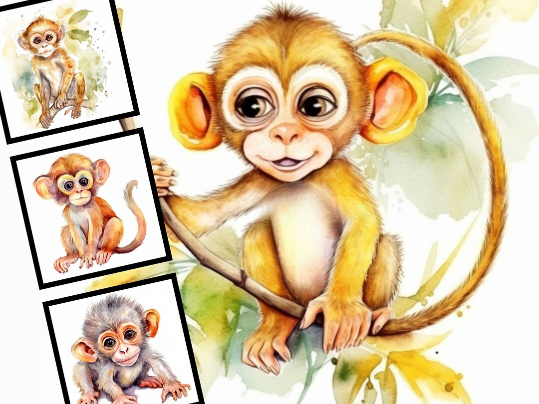 4 Baby Monkey Illustration Watercolor Nursery Art Commercial Use ...