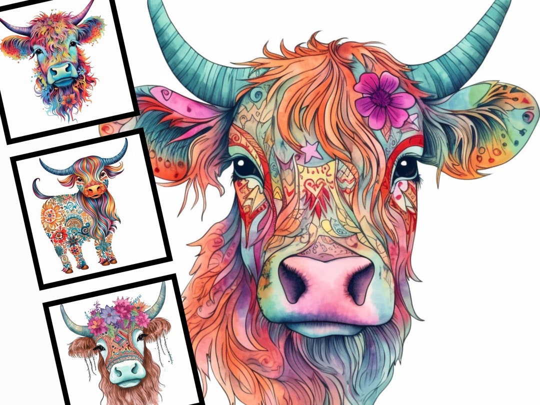 24 Boho Highland Cow Clipart Watercolor Illustration Commercial Use ...