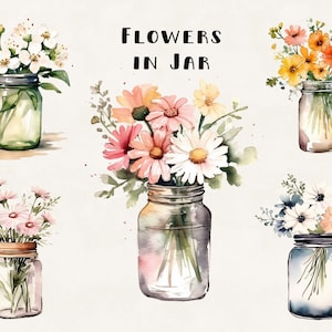 Hand Drawn Flowers in Jar Clipart Bundle Commercial Use Watercolor Boho ...