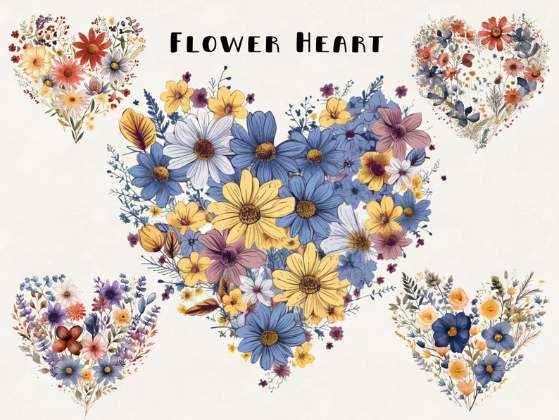 Vintage Flower Heart Clipart Bundle Commercial Use Watercolor - Etsy