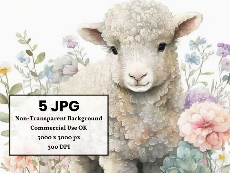 Sheep Watercolor Floral Illustration: Wildflower Invitation (JPG Files ...