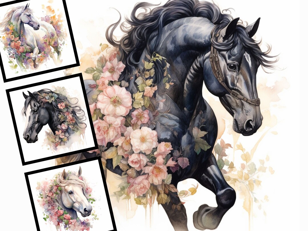 Watercolor Horse Print Art: Romantic Floral Illustration (digital ...