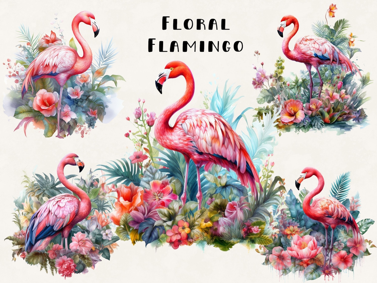 Flamingo and Flowers Clipart Bundle Commercial Use Watercolor - Etsy