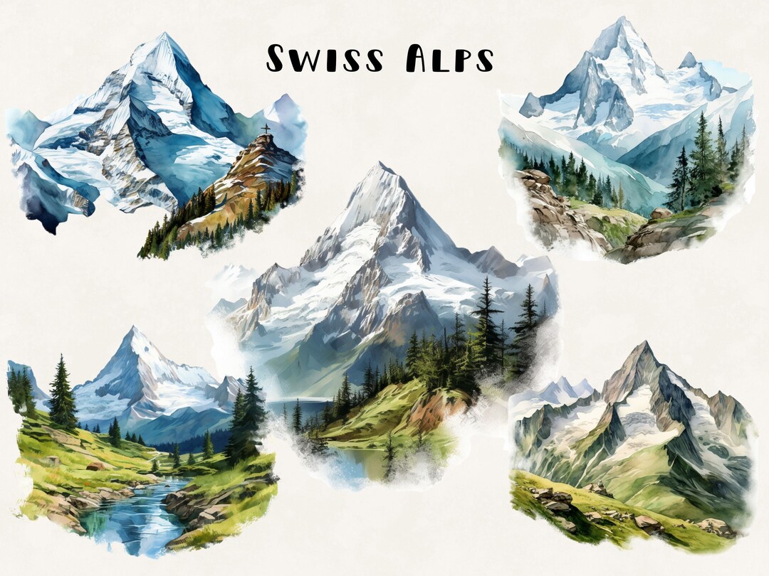 Swiss Alps Clipart Watercolor Illustration Commercial Use Digital ...