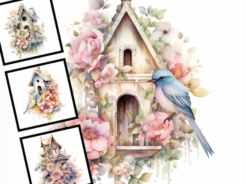 Vintage Bird House Clipart Bundle Watercolor Commercial Use - Etsy