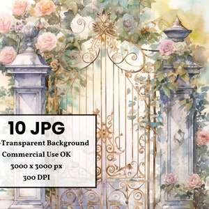 Garden Gate Print Art Romantic Illustration Commercial Use Watercolor ...