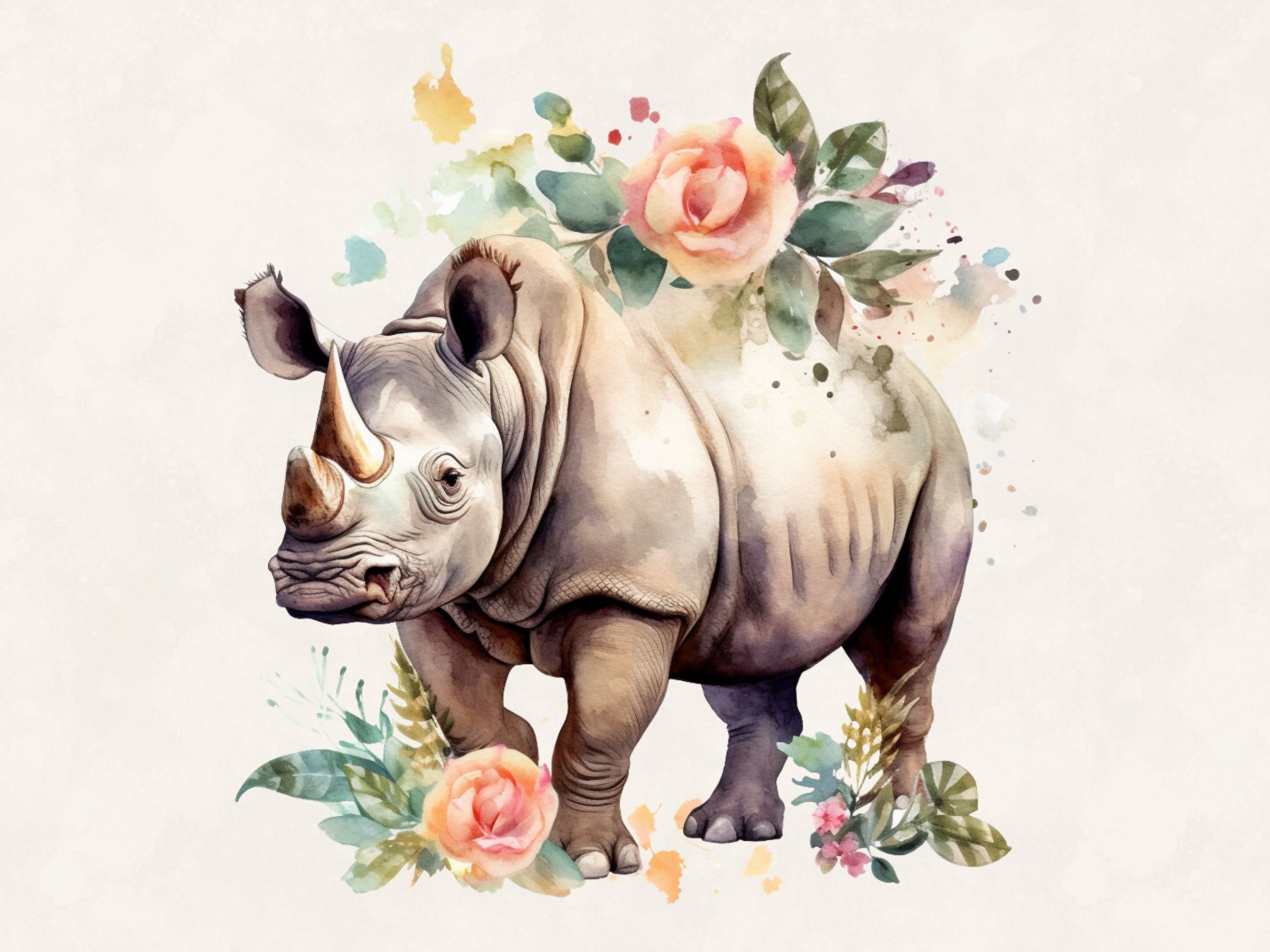 Rhino in Field of Flowers Clipart Watercolor Illustration Commercial ...