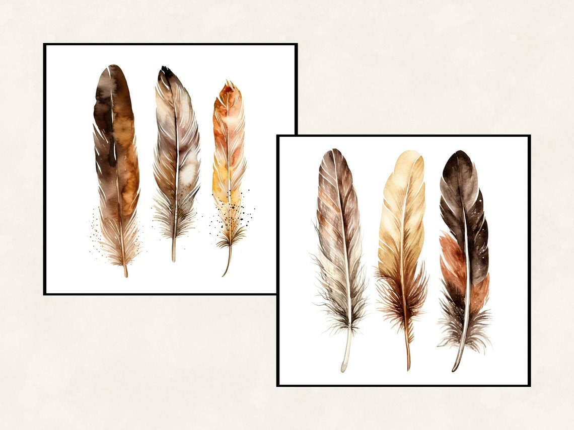 Boho Feathers Watercolor Clipart: Commercial Use Digital Bundle (JPG ...