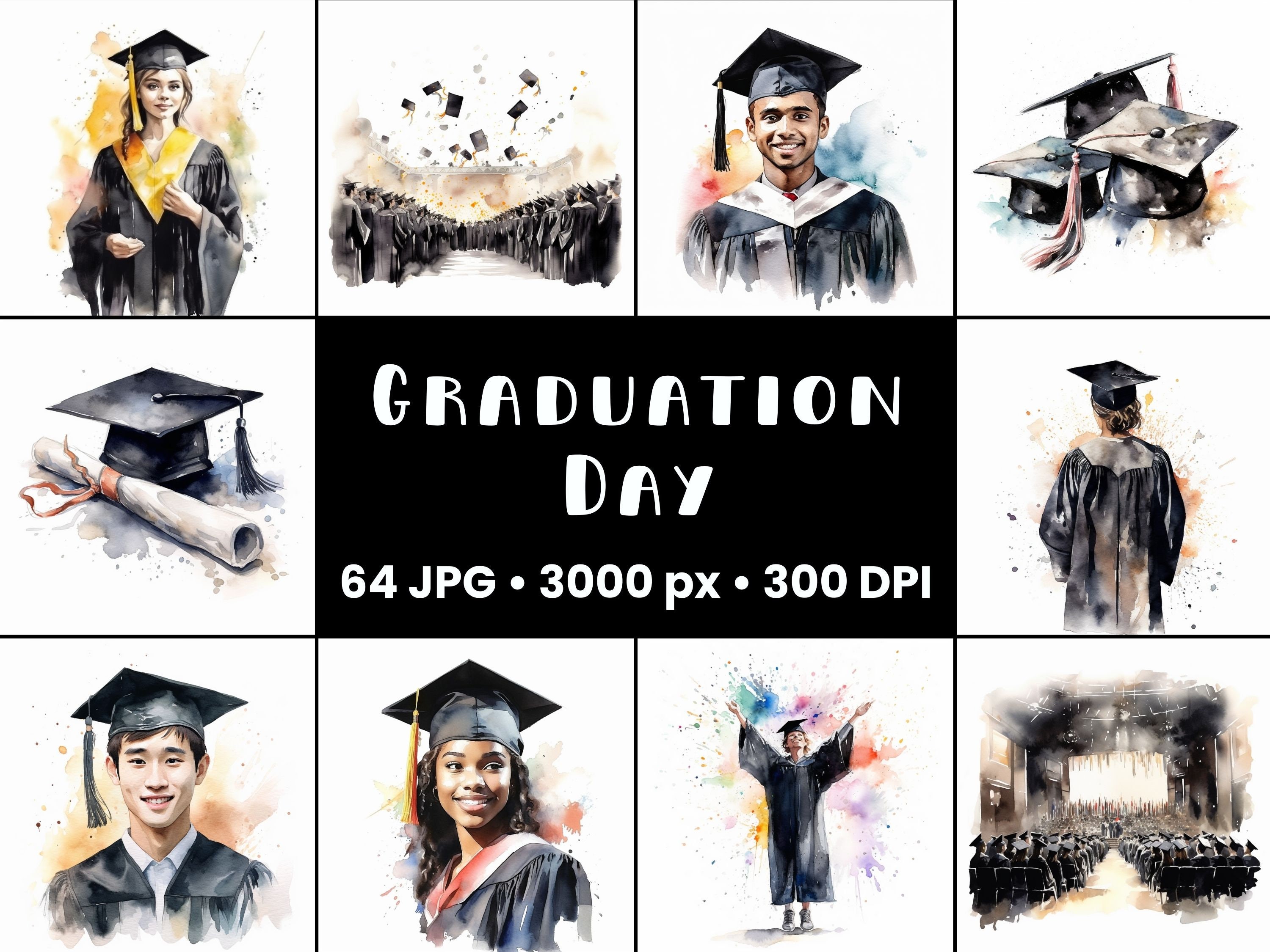 Graduation Day Clipart Megabundle Watercolor Rainbow Animated Diploma ...