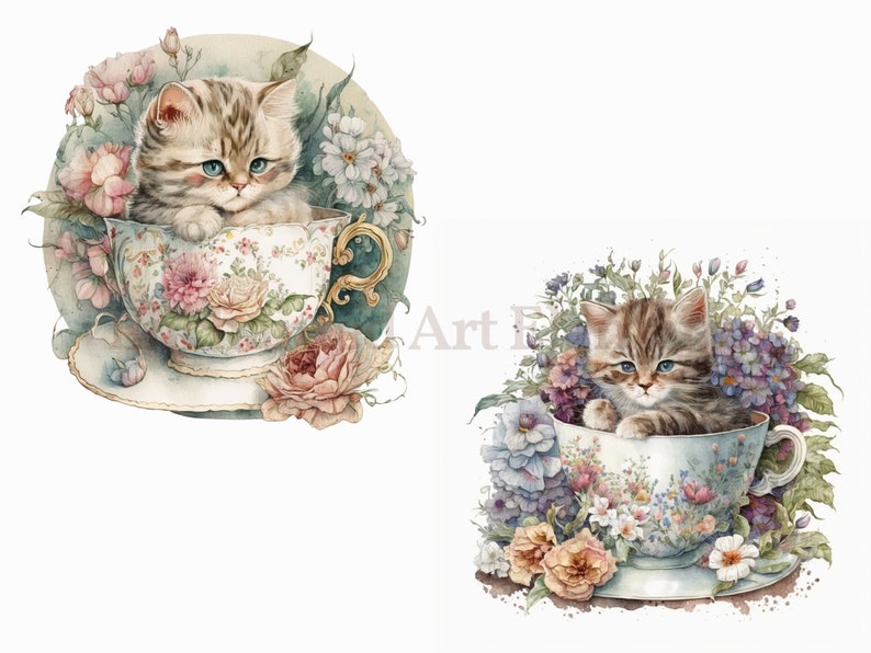 Tea Cup Cat Watercolor Illustration Kitten in Cup Flower - Etsy