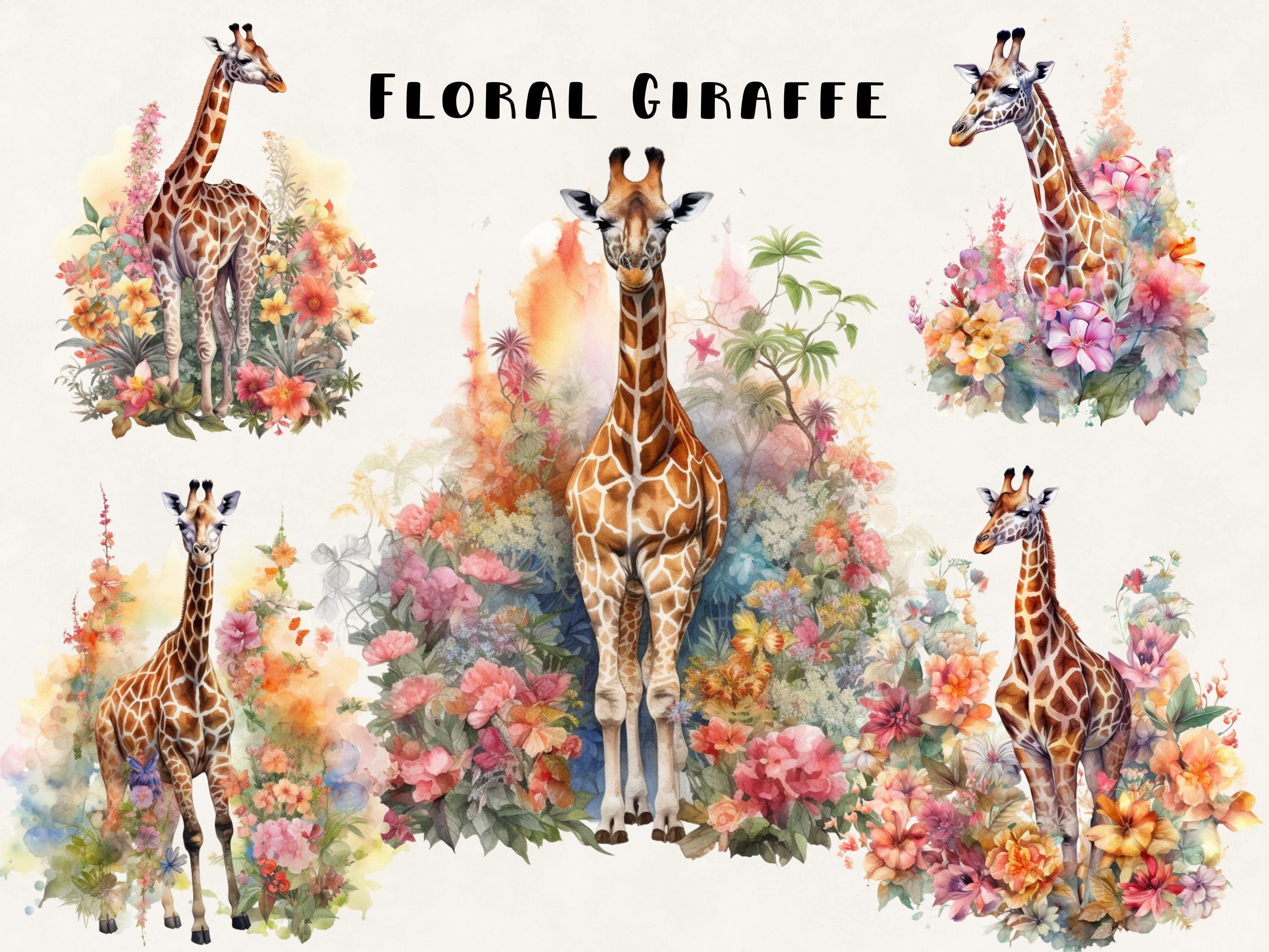 Watercolor Giraffe Clipart Bundle: Floral PNG Files (commercial Use) - Etsy