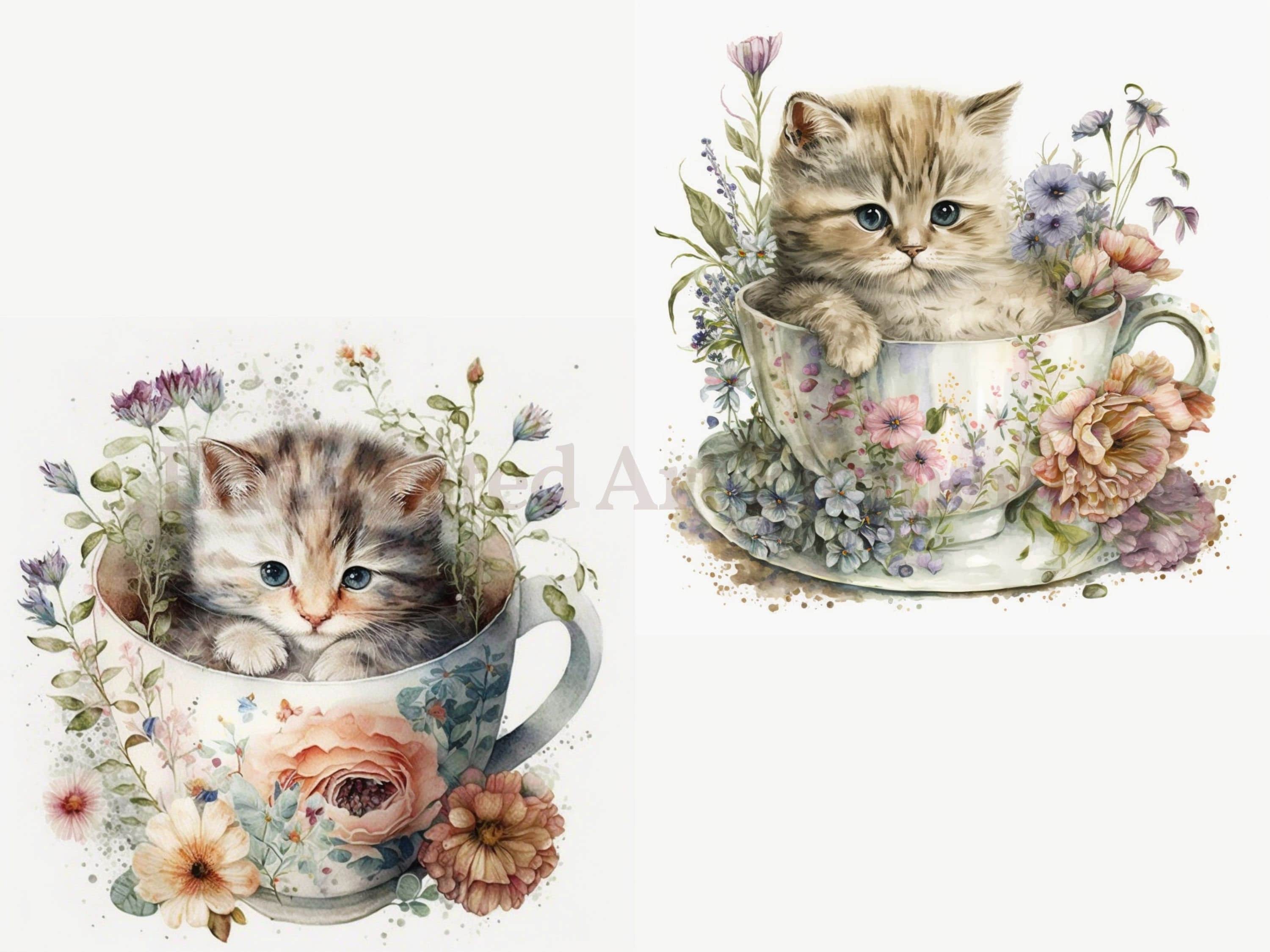 Tea Cup Cat Watercolor Illustration Kitten in Cup Flower - Etsy