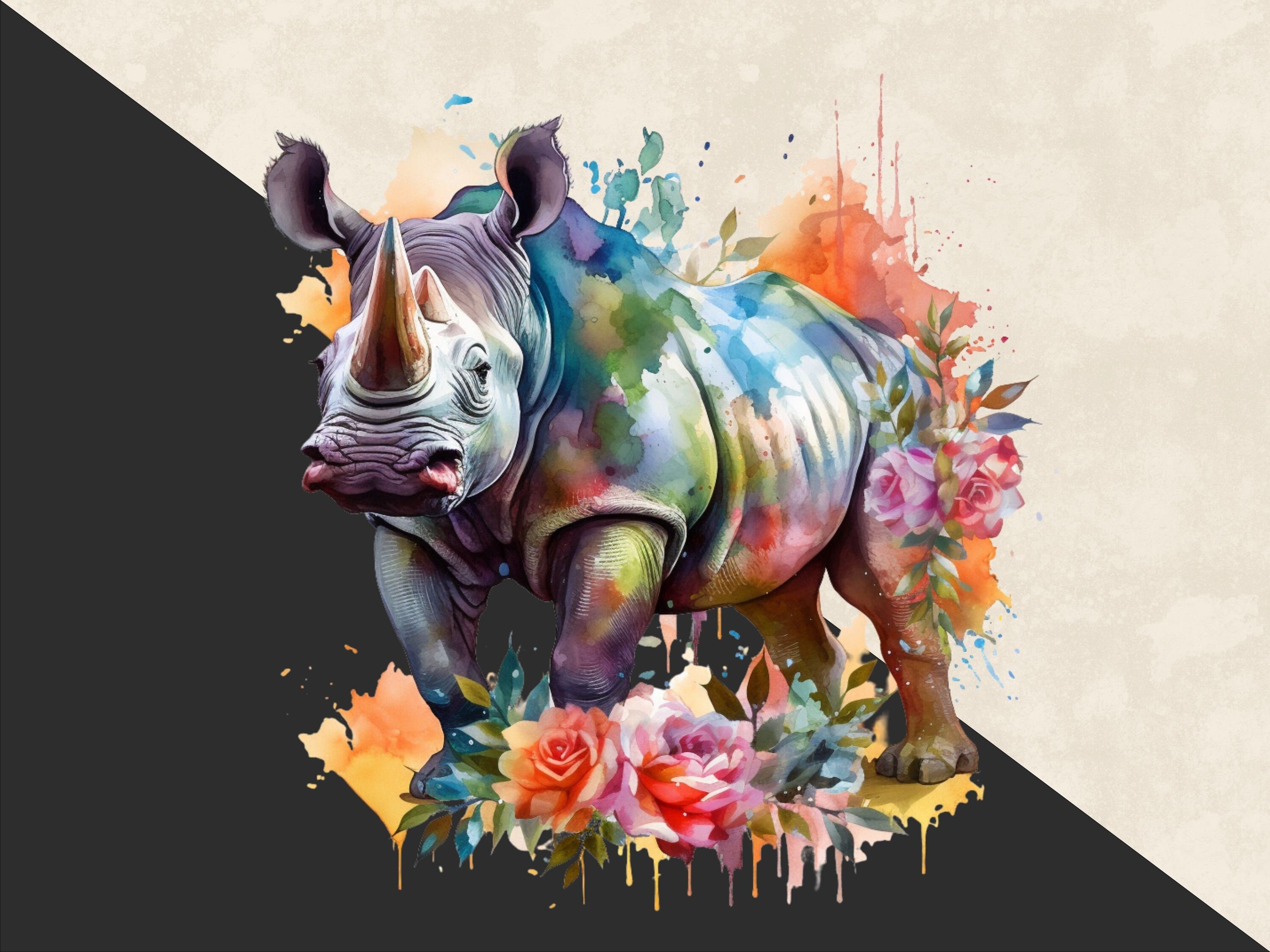 Rhino in Field of Flowers Clipart Watercolor Illustration Commercial ...