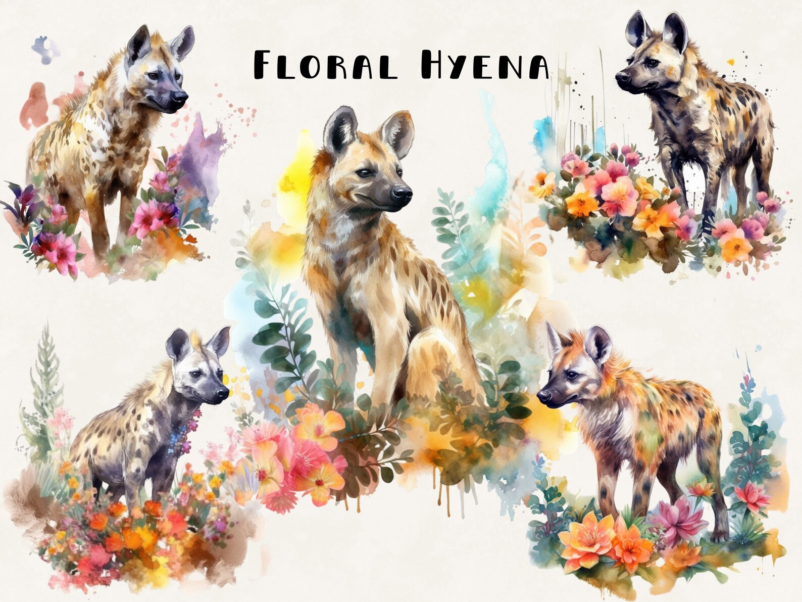 Hyena Clipart Bundle Commercial Use Watercolor Hyena in Field of ...
