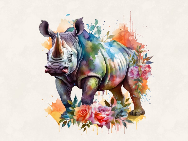 Rhino in Field of Flowers Clipart Watercolor Illustration Commercial ...