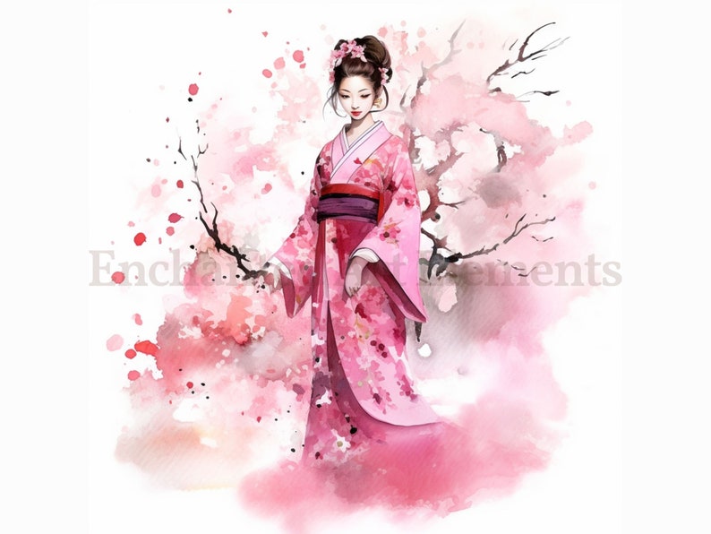 Pink Geisha Clipart Watercolor Animated Figures Clipart - Etsy