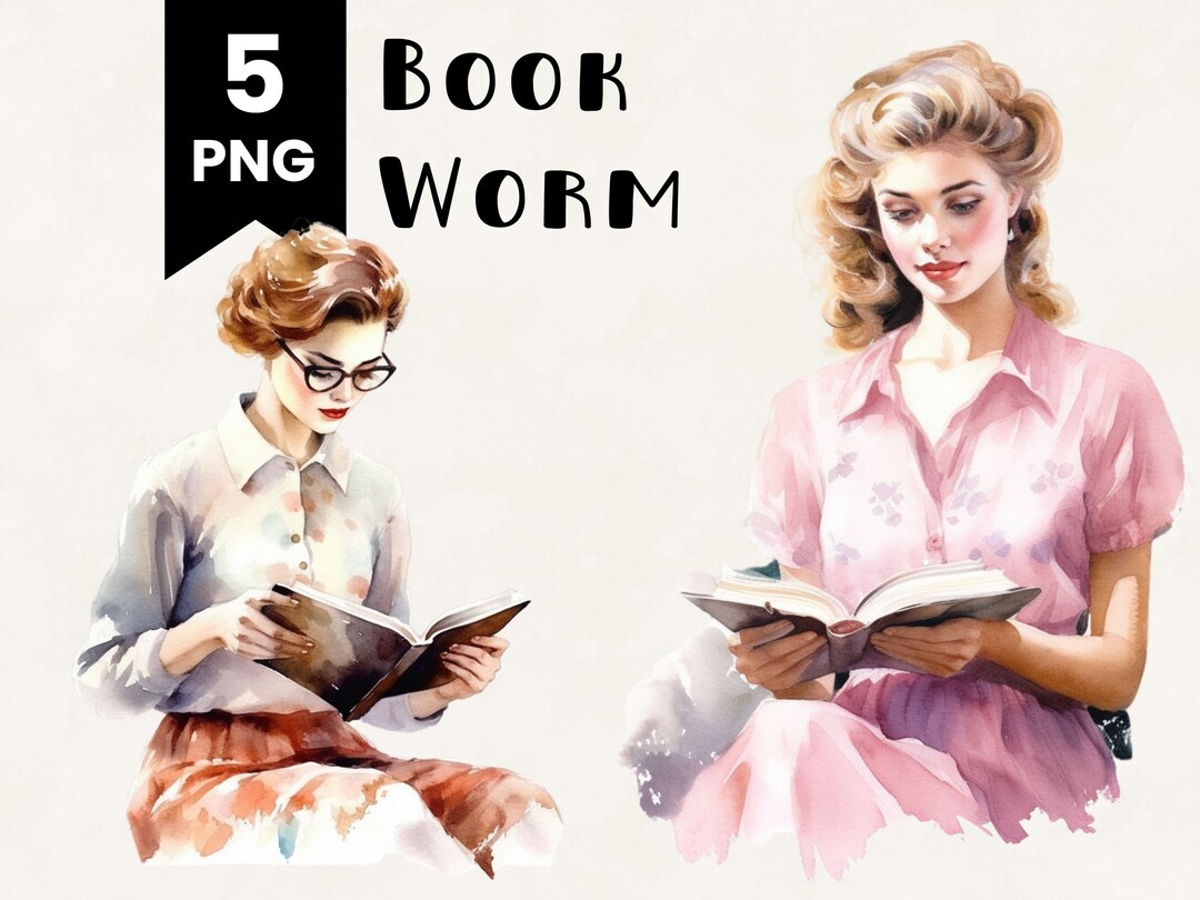 Lady Book Worm Clipart Bundle Commercial Use Allowed Digital Design ...