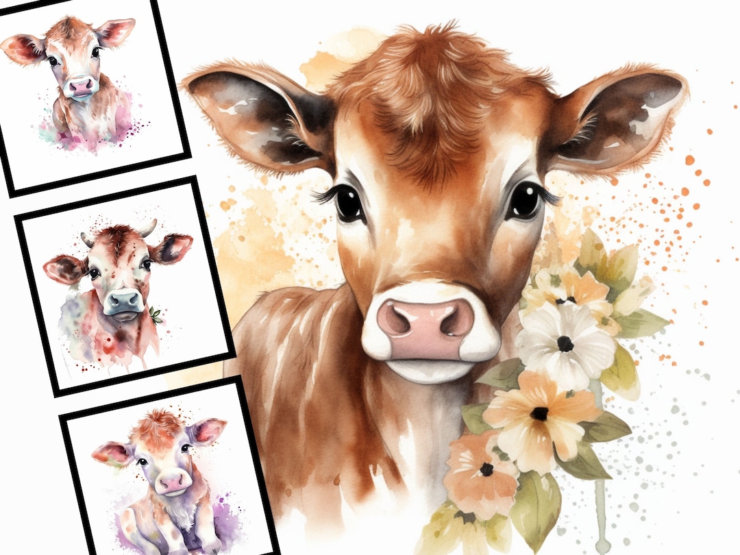 Baby Cow Watercolor Art Prints: Floral Nursery Decor (digital Design ...