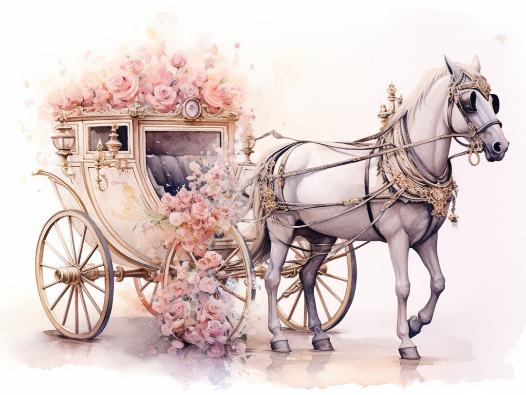 Horse Drawn Carriage Print Art Romantic Illustration Commercial Use ...