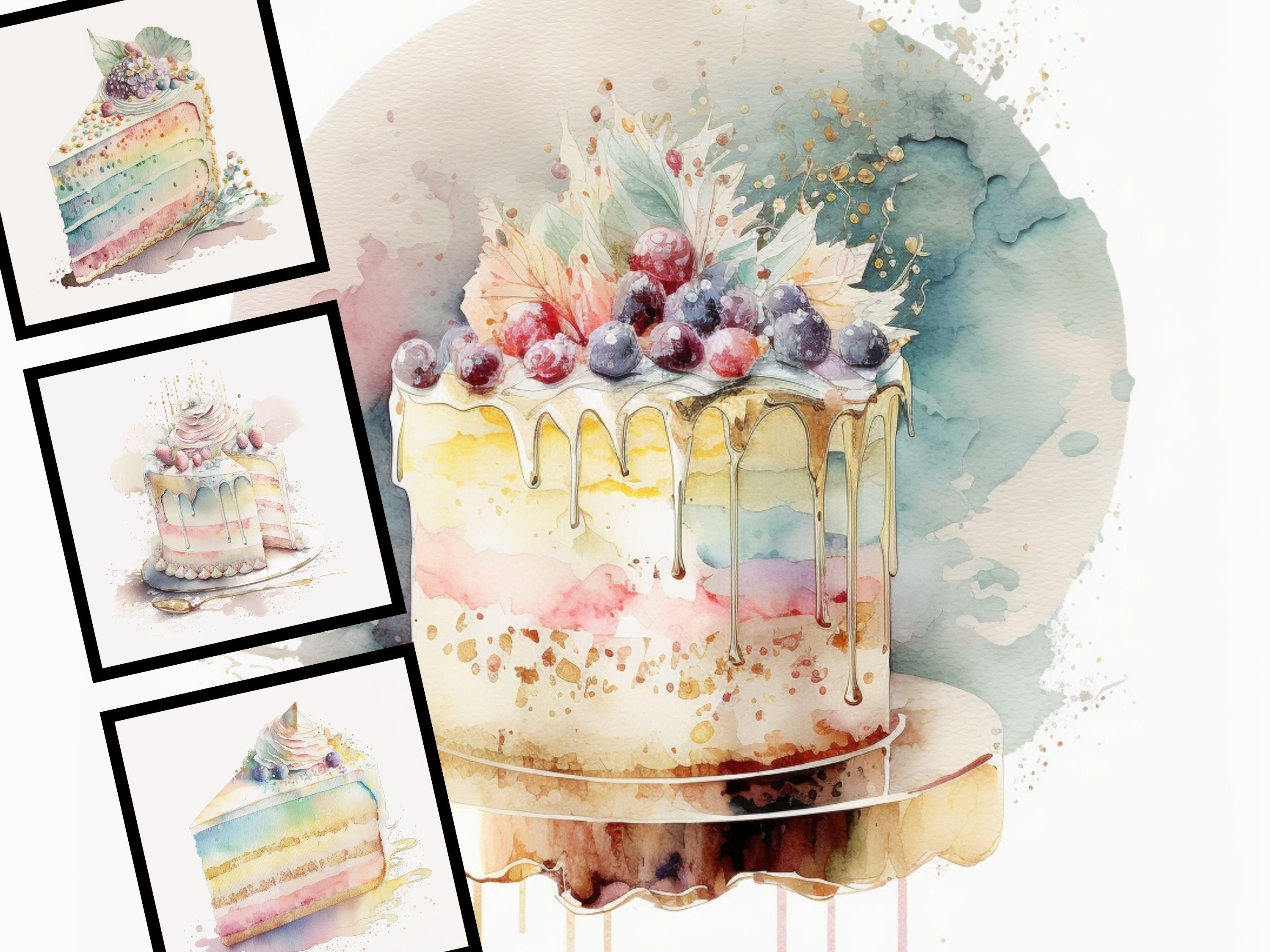 Birthday Cake Clipart Bundle Watercolor Commercial Use Digital Design ...