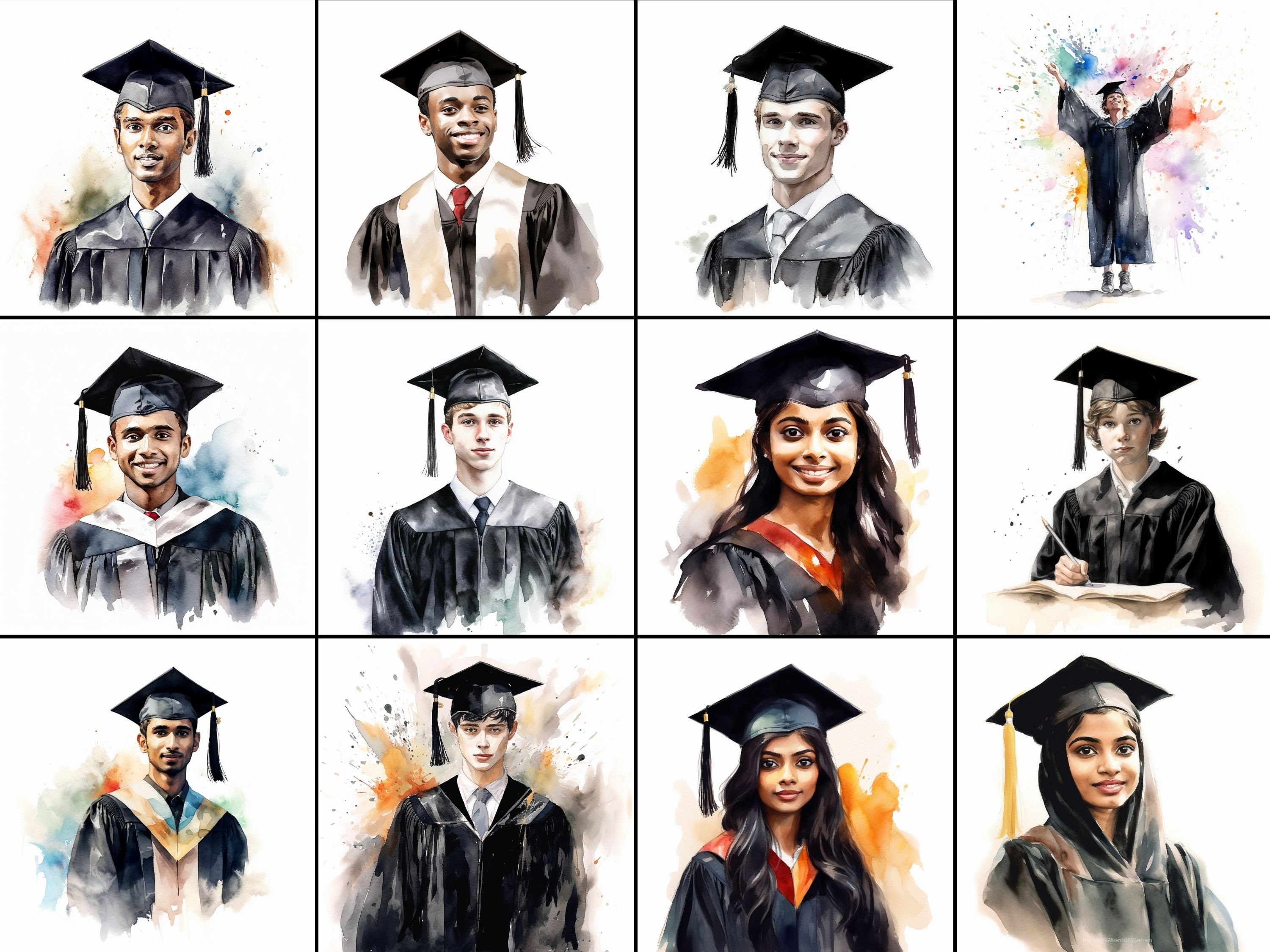 Watercolor Graduation Clipart Bundle: Rainbow Diploma Art (commercial ...