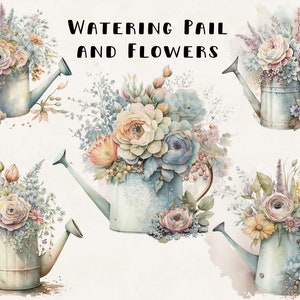 7 Pastel Watering Pail and Flowers Clipart Bundle Commercial Use ...