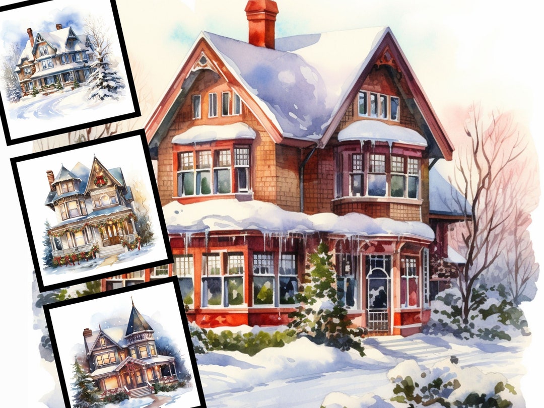 Snowy House Clipart Watercolor Illustration Winter Clipart Commercial ...