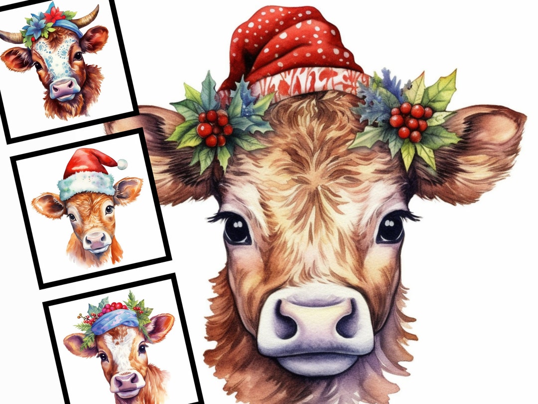 Christmas Cow Clipart Watercolor Illustration Commercial Use Digital ...