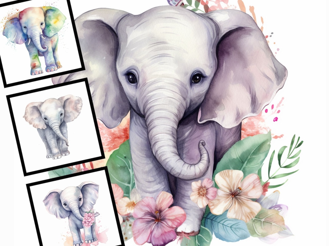 Watercolor Baby Elephant Art Prints: Nursery Decor (JPG Digital ...