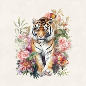 Tiger and Flowers Clipart Bundle Commercial Use Watercolor Jungle Tiger ...