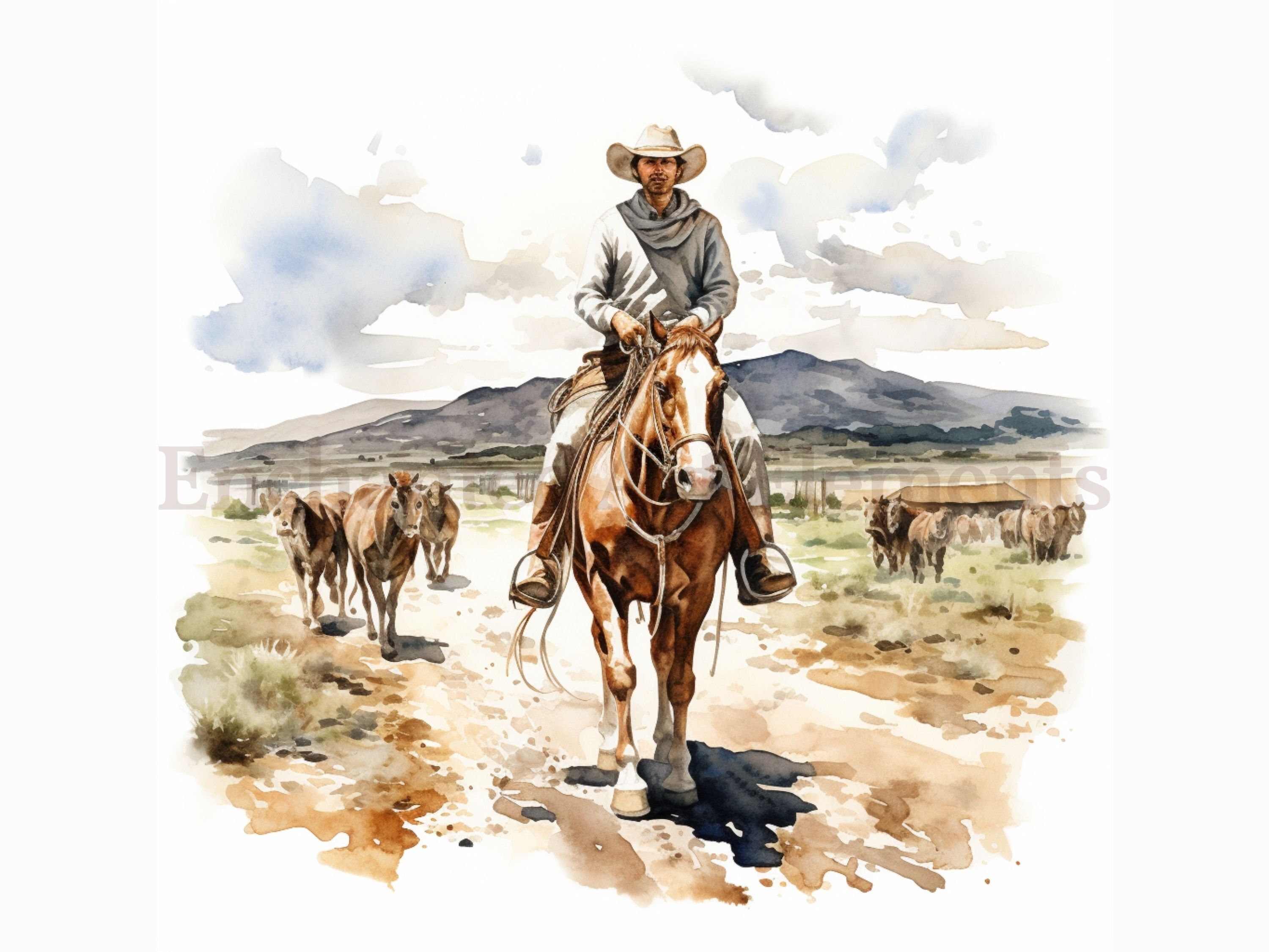 Cattle Herding Clipart Watercolor Illustration Western Clipart - Etsy