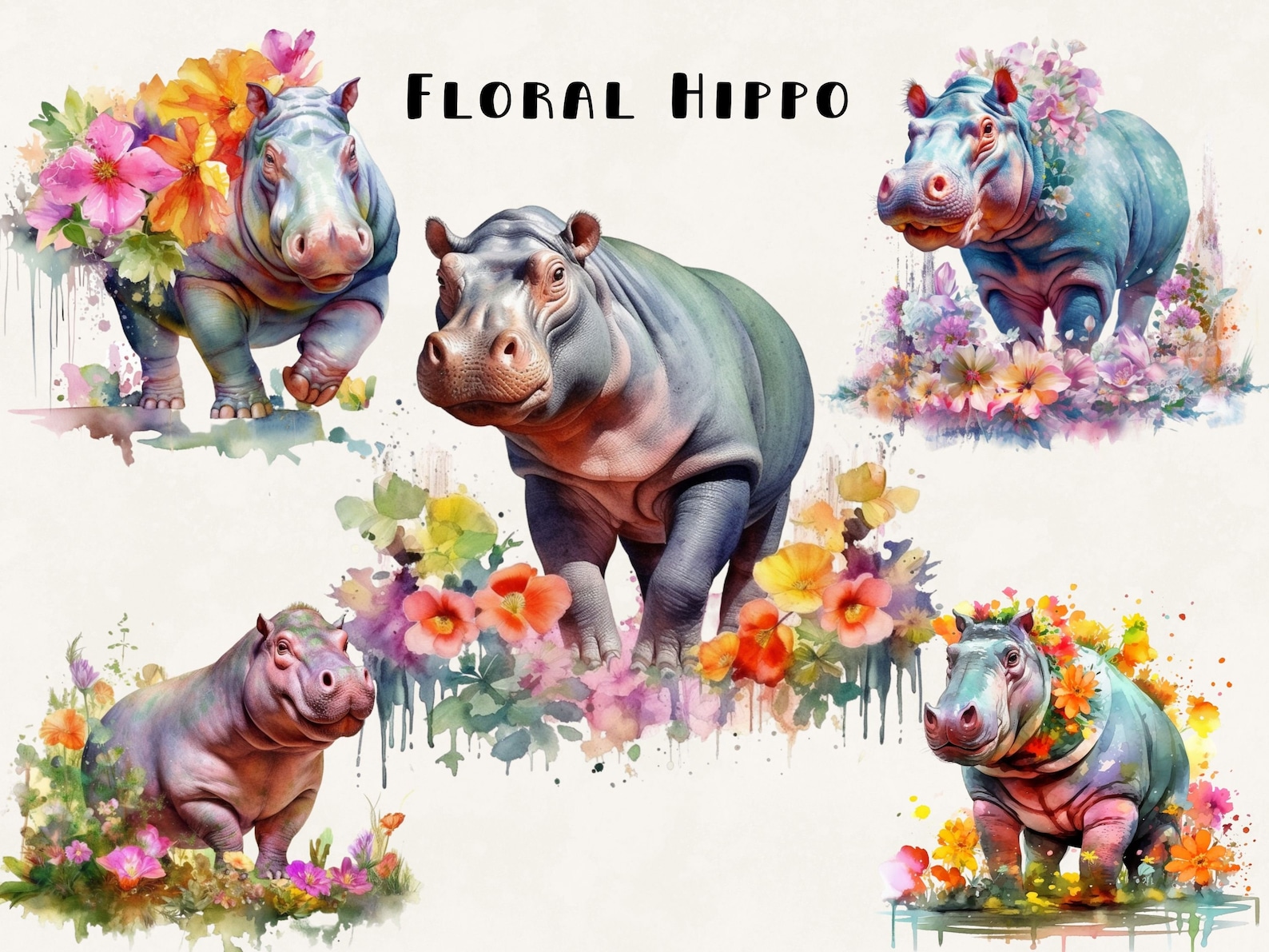 Hippo and Flowers Clipart Bundle Commercial Use Watercolor Jungle Hippo ...