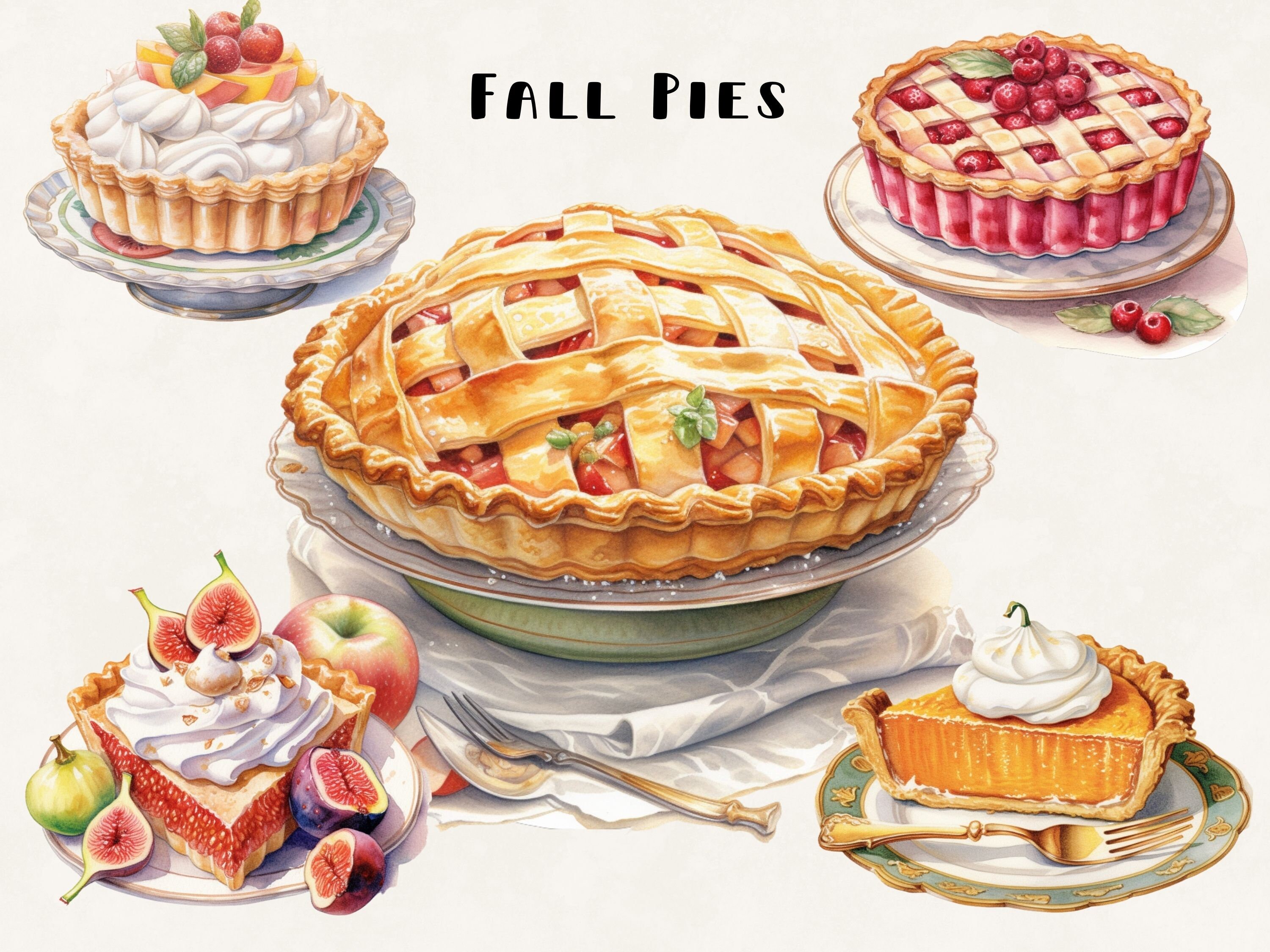 Fall Pies Clipart Watercolor Illustration Commercial Use Digital Design ...